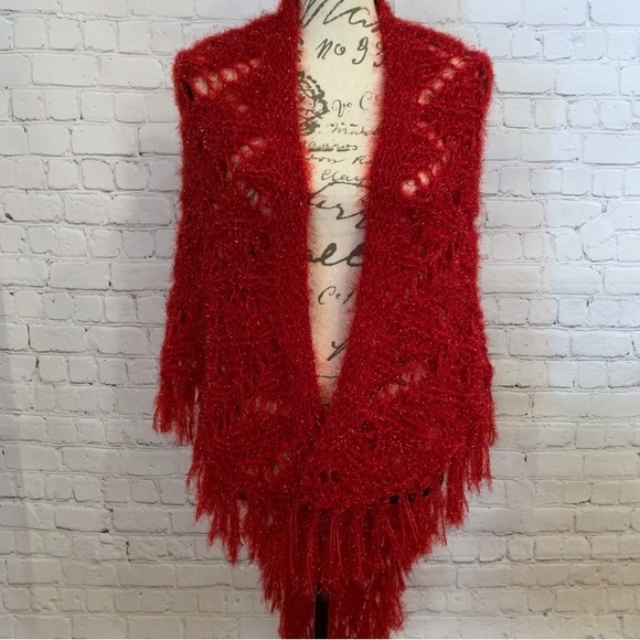 Accessories | Red Sparkle Open Weave Triangle Fringe Shawl 48 X 54 ...
